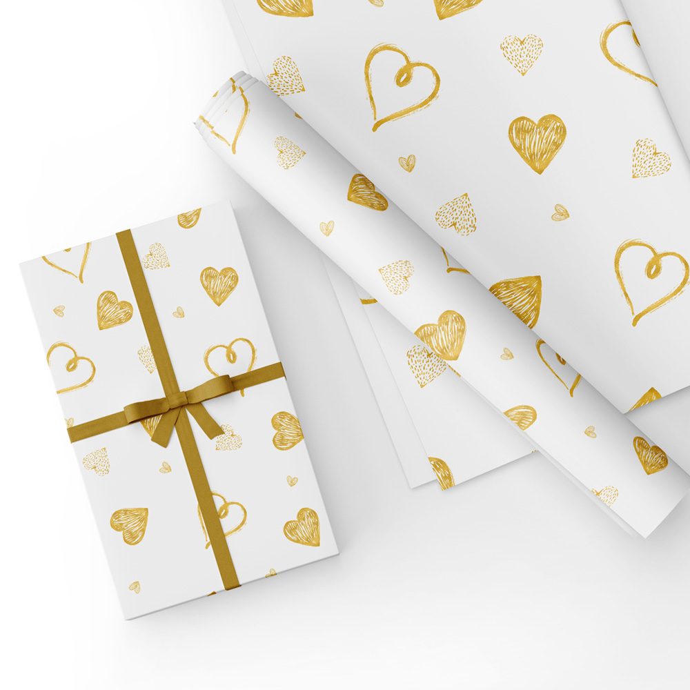 Gold Hearts Gift Wrap White Handmade Gift Company